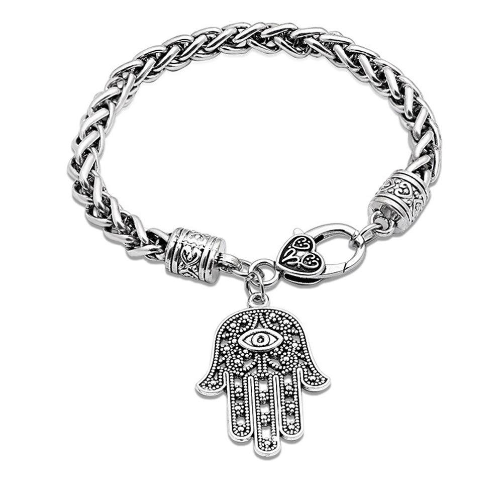 AILUOR Hamsa Hand of Fatima Silver Bracelet - Evil Eye Protection Silver Tone Alloy Charm Jewelry Lucky Success Pendant Friendship Handmade Bracelet Men Women (Silver)