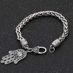 AILUOR Hamsa Hand of Fatima Silver Bracelet - Evil Eye Protection Silver Tone Alloy Charm Jewelry Lucky Success Pendant Friendship Handmade Bracelet Men Women (Silver)