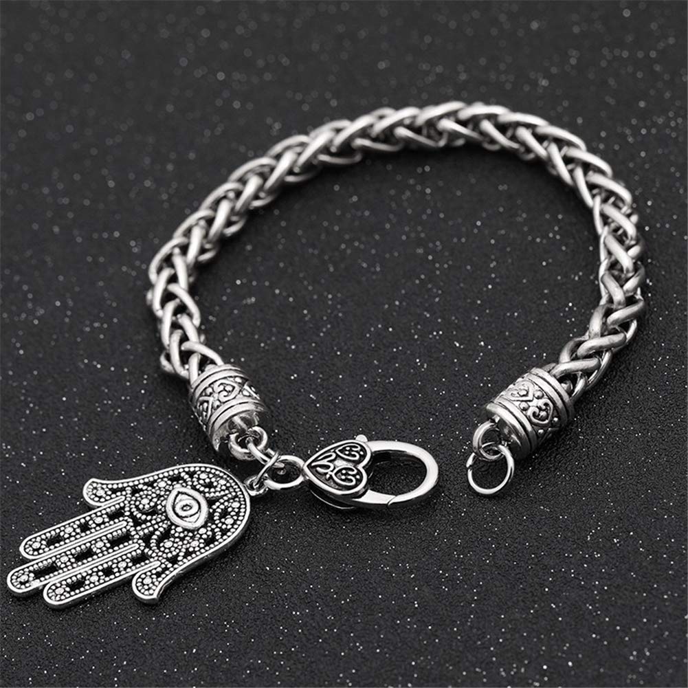 AILUOR Hamsa Hand of Fatima Silver Bracelet - Evil Eye Protection Silver Tone Alloy Charm Jewelry Lucky Success Pendant Friendship Handmade Bracelet Men Women (Silver)