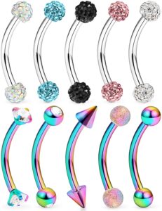 lcolyoli 10 pcs 16g stainless steel eyebrow piercing rings with clear diamond cz curved barbell rook daith earring piercing body jewelry for women men silver-tone rainbow 10mm