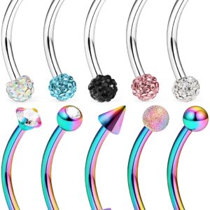 Lcolyoli 10 Pcs 16G Stainless Steel Eyebrow Piercing Rings with Clear Diamond CZ Curved Barbell Rook Daith Earring Piercing Body Jewelry for Women Men Silver-tone Rainbow 10mm