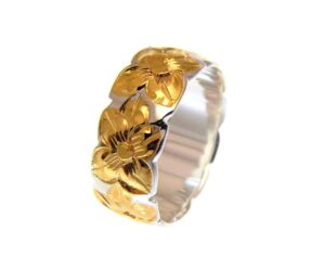 arthur's jewelry 925 sterling silver hawaiian plumeria flower all around 2 tone yellow gold plated 8mm band ring size 14