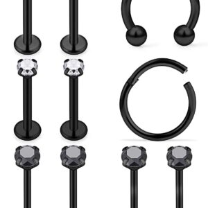 Lcolyoli 10pcs Tragus Earring Stud 16g 18g Surgical Steel & Clear Diamond CZ Conch Helix Cartilage Barbell Piercing Jewelry for Women 6mm Black