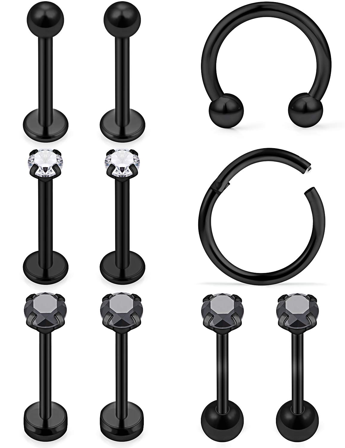 Lcolyoli 10pcs Tragus Earring Stud 16g 18g Surgical Steel & Clear Diamond CZ Conch Helix Cartilage Barbell Piercing Jewelry for Women 6mm Black