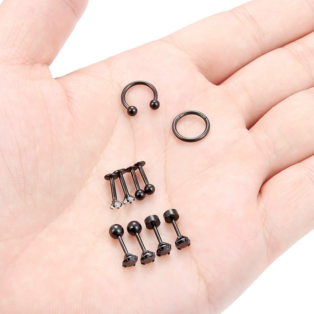 Lcolyoli 10pcs Tragus Earring Stud 16g 18g Surgical Steel & Clear Diamond CZ Conch Helix Cartilage Barbell Piercing Jewelry for Women 6mm Black