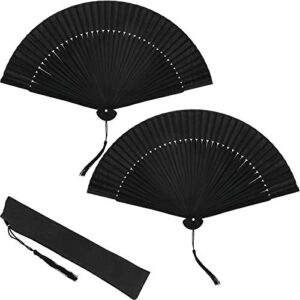 2 pieces silk folding hand fan black bamboo handheld fan chinese folded fan with tassel for dance party home decorations (classic style)