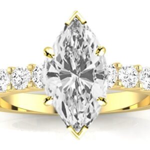 1 Carat 14K Yellow Gold Classic Prong Set Round Marquise Cut Diamond Engagement Ring (0.5 Ct E Color SI1 Clarity Center Stone)