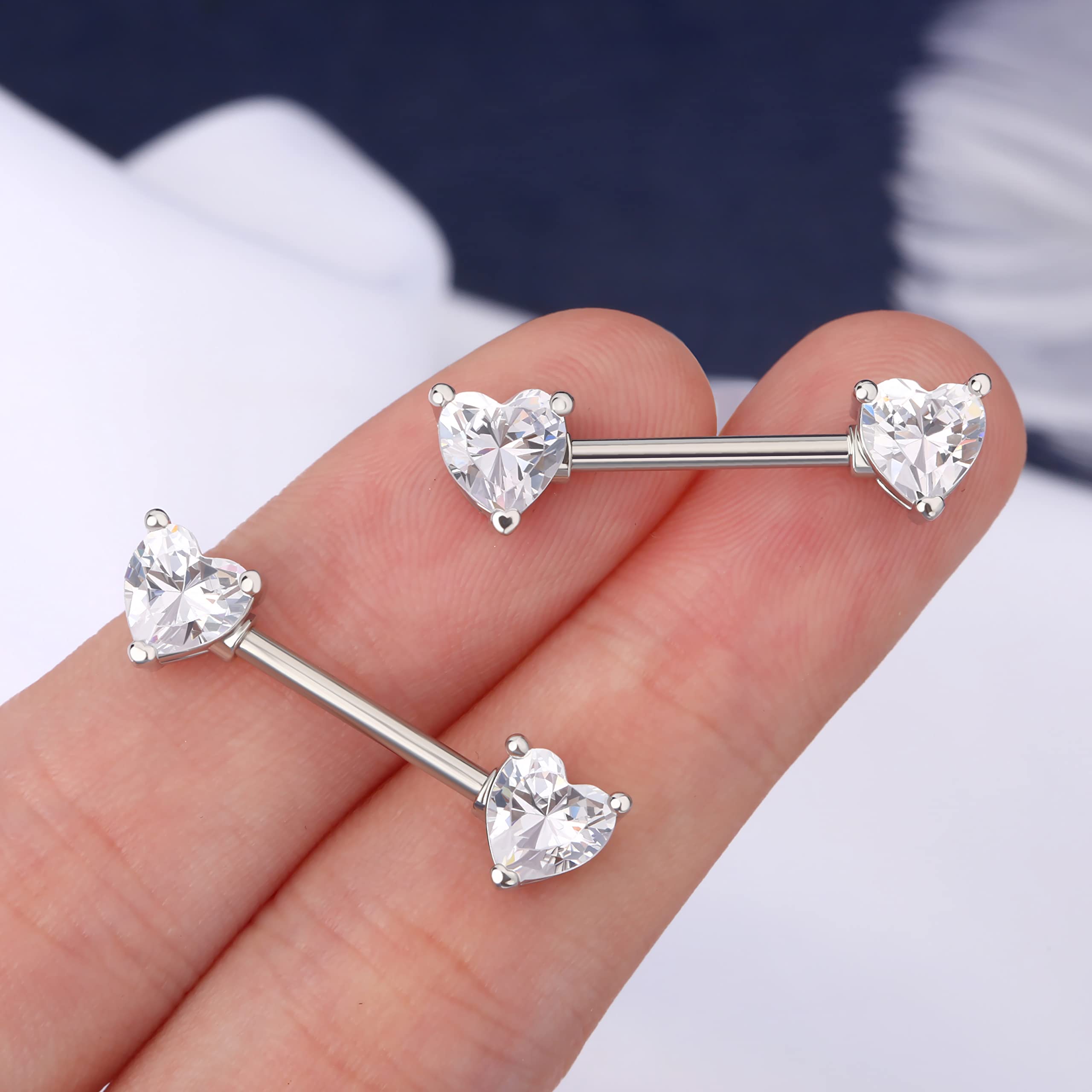 OUFER 2PCS 14G Surgical Steel Nipple Rings Barbell Heart CZ Nipple Rings Piercing for Women nippleshield Piercing Body Piercing