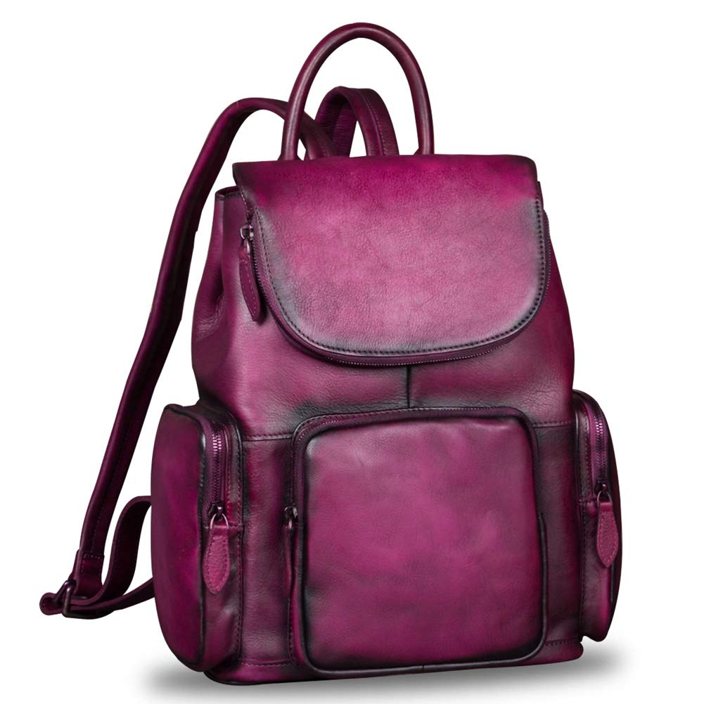 IVTG Genuine Leather Backpack for Women Vintage Real Leather Rucksack Fashion Backpack Purse Daypack Bag High Capacity (Purple)