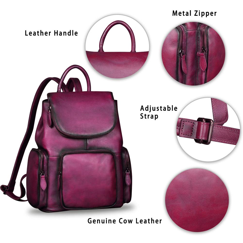 IVTG Genuine Leather Backpack for Women Vintage Real Leather Rucksack Fashion Backpack Purse Daypack Bag High Capacity (Purple)