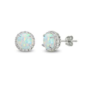 opal earrings for women sterling silver 6mm round halo synthetic opals stud earrings