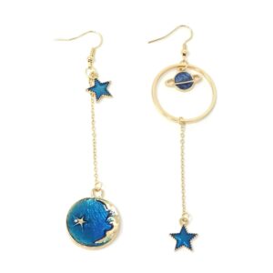 honbay enamel moon star earth planet asymmetrical earrings chic long pendant dangle earrings (a)