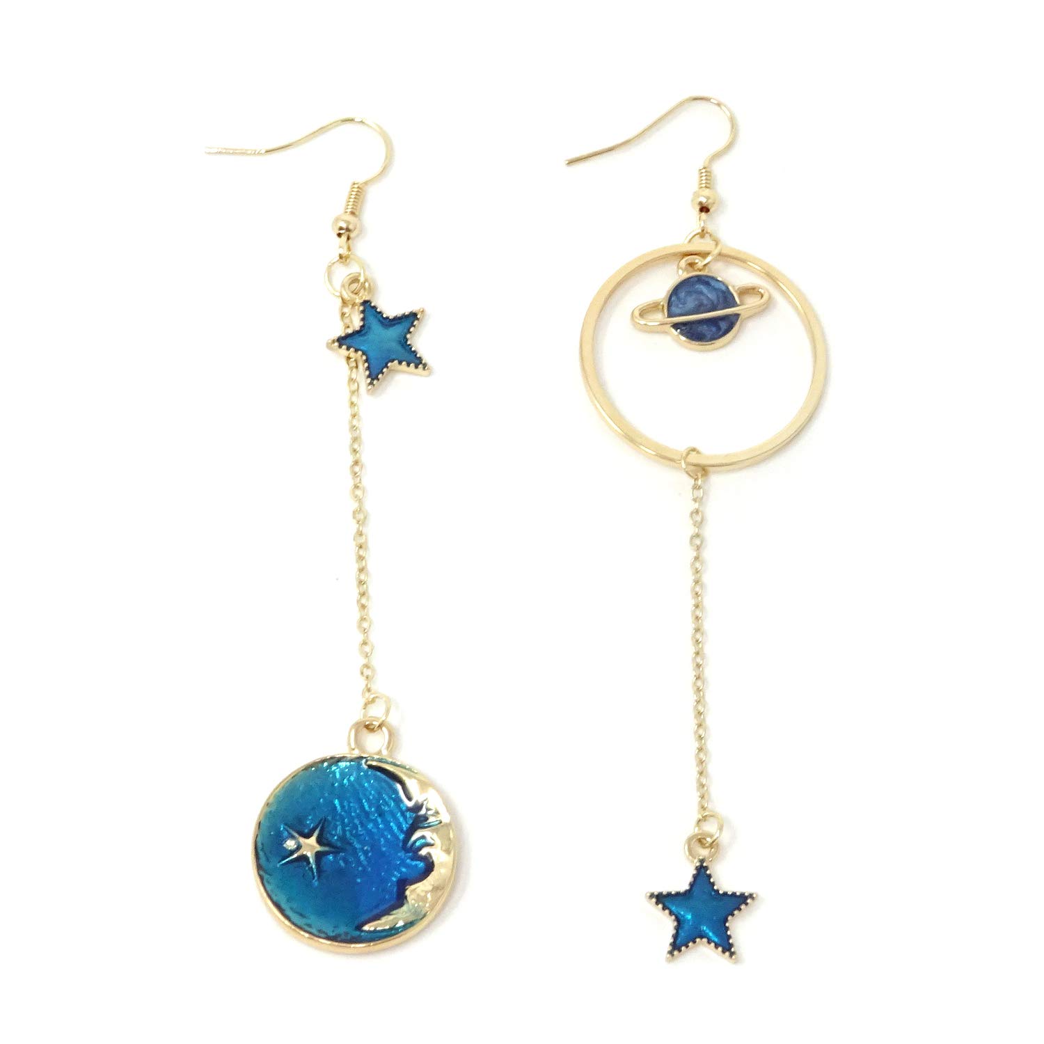 Honbay Enamel Moon Star Earth Planet Asymmetrical Earrings Chic Long Pendant Dangle Earrings (A)