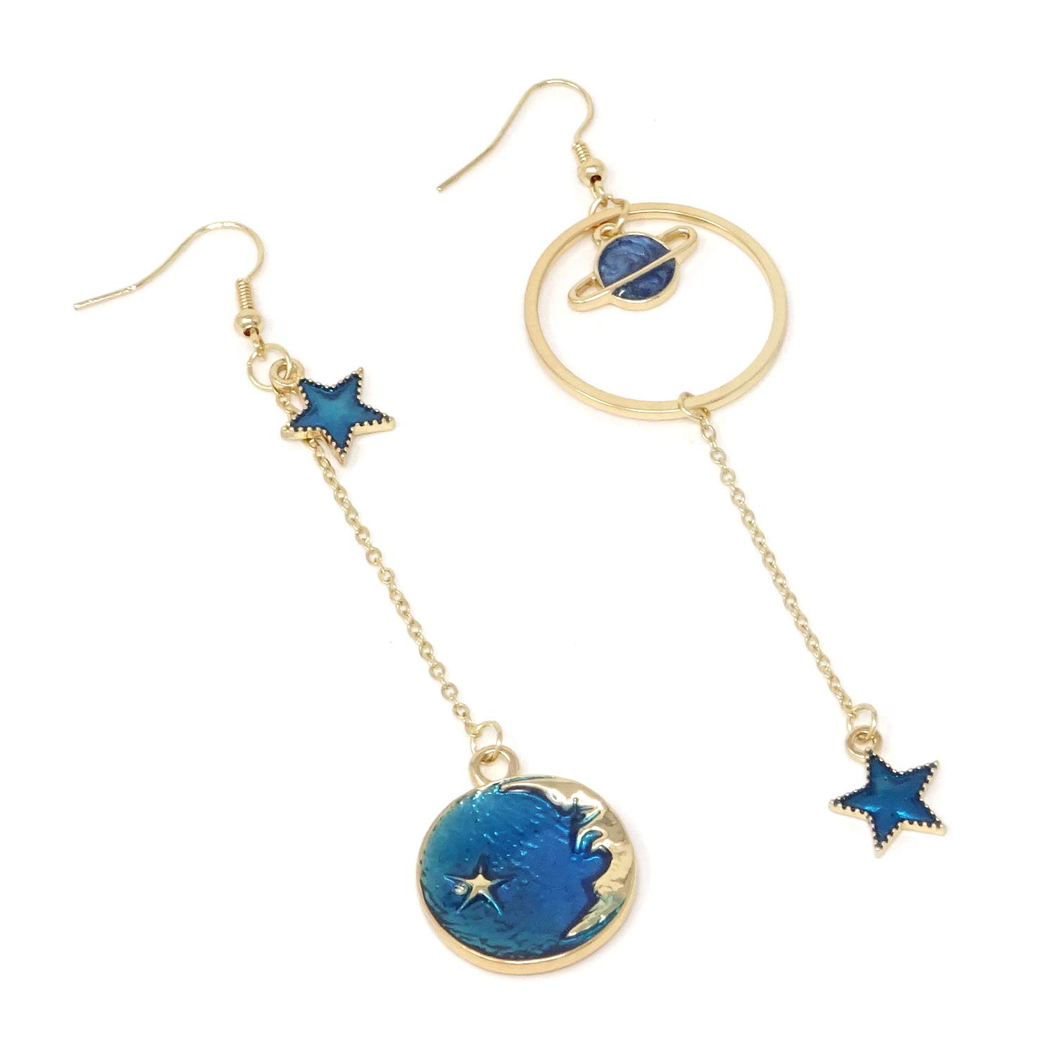 Honbay Enamel Moon Star Earth Planet Asymmetrical Earrings Chic Long Pendant Dangle Earrings (A)