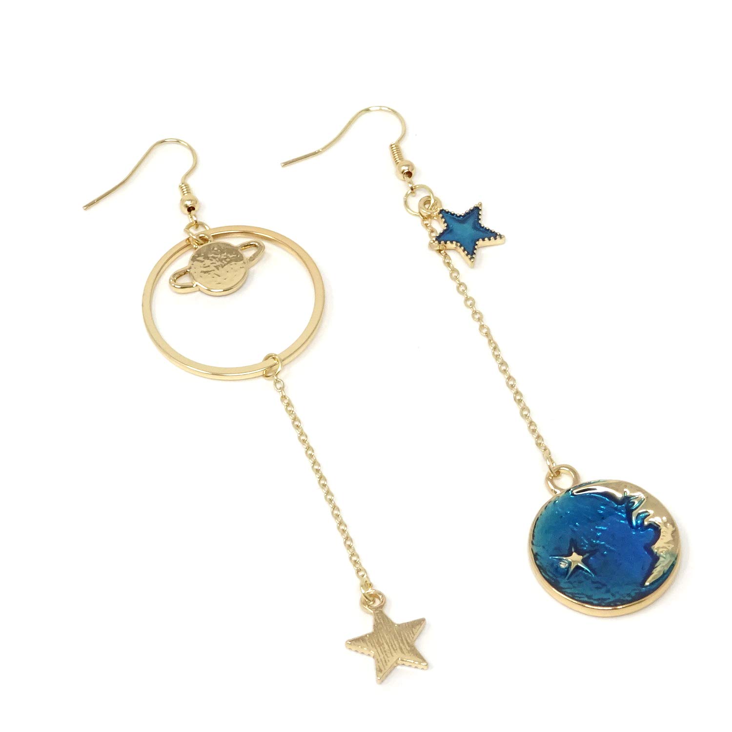 Honbay Enamel Moon Star Earth Planet Asymmetrical Earrings Chic Long Pendant Dangle Earrings (A)