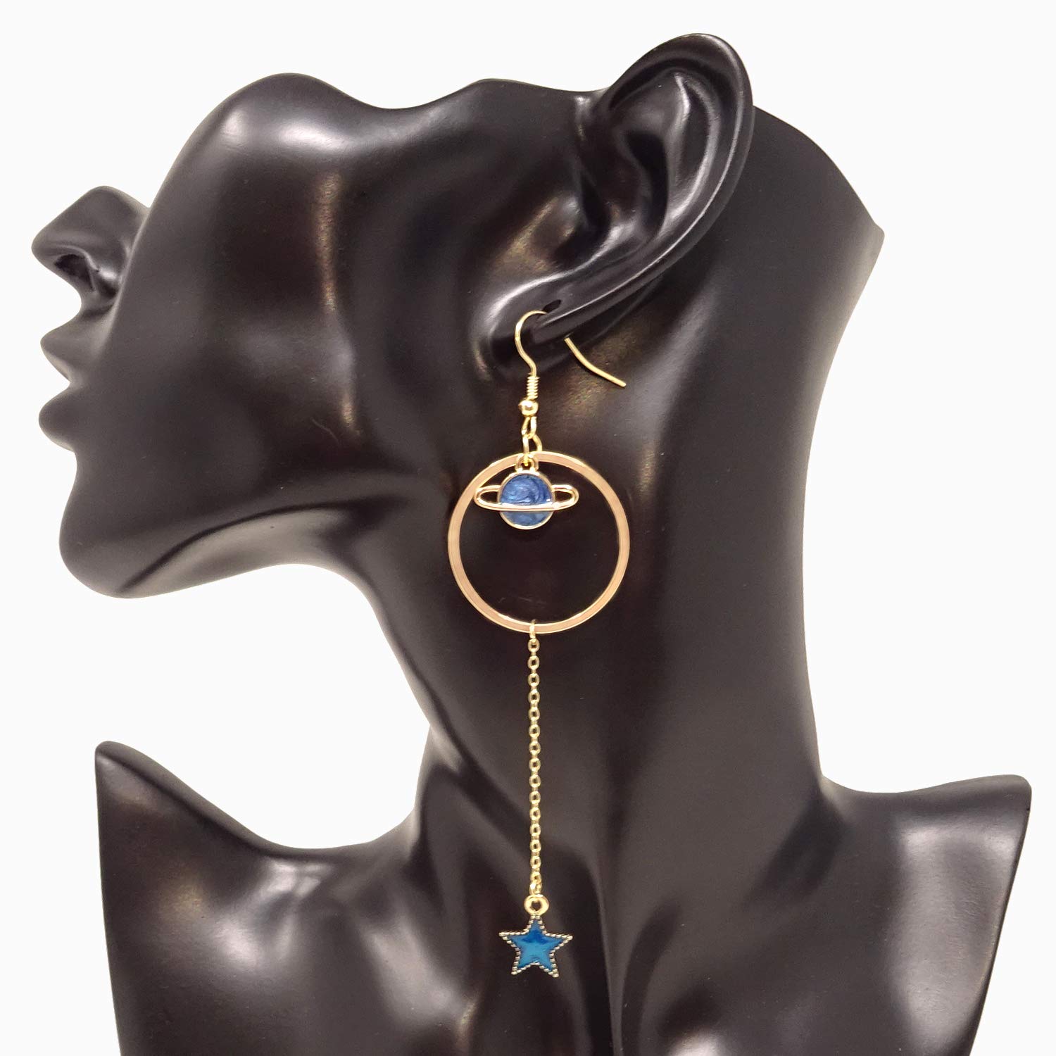 Honbay Enamel Moon Star Earth Planet Asymmetrical Earrings Chic Long Pendant Dangle Earrings (A)