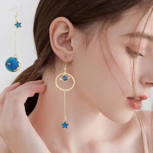 Honbay Enamel Moon Star Earth Planet Asymmetrical Earrings Chic Long Pendant Dangle Earrings (A)