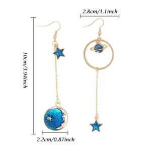 Honbay Enamel Moon Star Earth Planet Asymmetrical Earrings Chic Long Pendant Dangle Earrings (A)