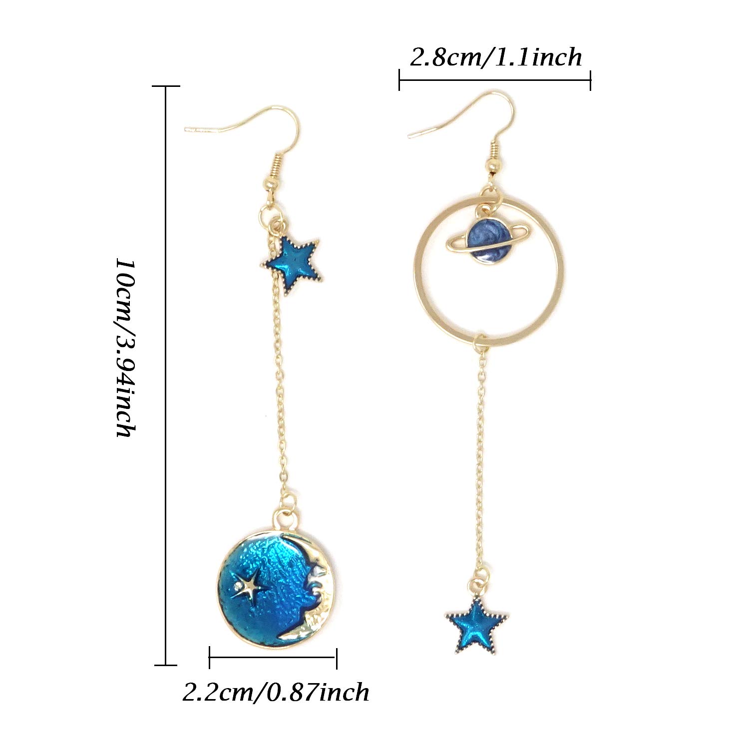 Honbay Enamel Moon Star Earth Planet Asymmetrical Earrings Chic Long Pendant Dangle Earrings (A)