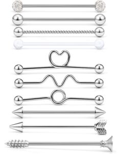 lcolyoli 10pcs 14g surgical steel industrial barbell for women men cartilage earring bar body piercing jewelry retainer 1 1/2 inch 38mm silver-tone ball spike arrow screw bioflex acrylic heart