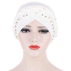 Fxhixiy Women Hijab Beading Pearl Braid Turban Hat Head Scarf Cancer Chemo Beanies Bandana Headwrap Cap (White)