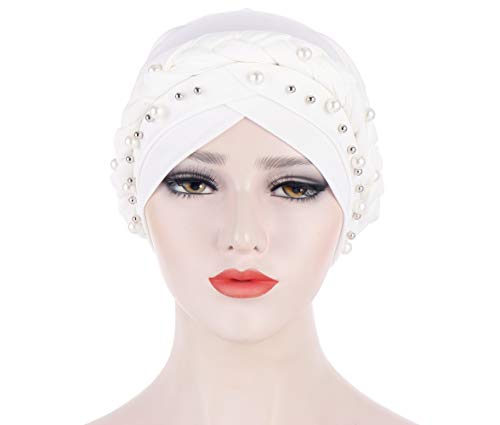 Fxhixiy Women Hijab Beading Pearl Braid Turban Hat Head Scarf Cancer Chemo Beanies Bandana Headwrap Cap (White)