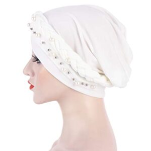 Fxhixiy Women Hijab Beading Pearl Braid Turban Hat Head Scarf Cancer Chemo Beanies Bandana Headwrap Cap (White)