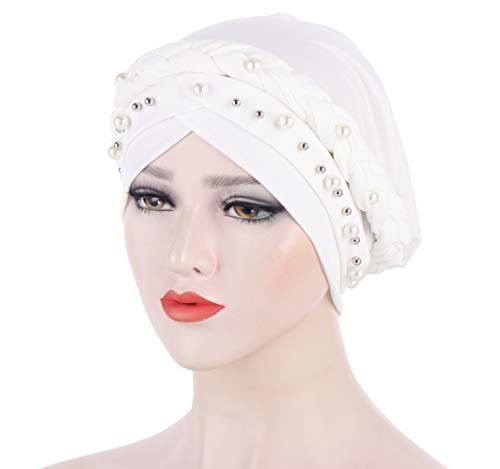 Fxhixiy Women Hijab Beading Pearl Braid Turban Hat Head Scarf Cancer Chemo Beanies Bandana Headwrap Cap (White)