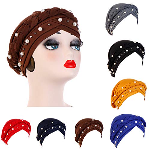 Fxhixiy Women Hijab Beading Pearl Braid Turban Hat Head Scarf Cancer Chemo Beanies Bandana Headwrap Cap (White)