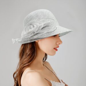 Bellady Women's Organza Wide Brim Flower Wedding Tea Party Hat Church Dress Sun Hat,Light Gray