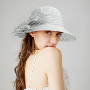 Bellady Women's Organza Wide Brim Flower Wedding Tea Party Hat Church Dress Sun Hat,Light Gray