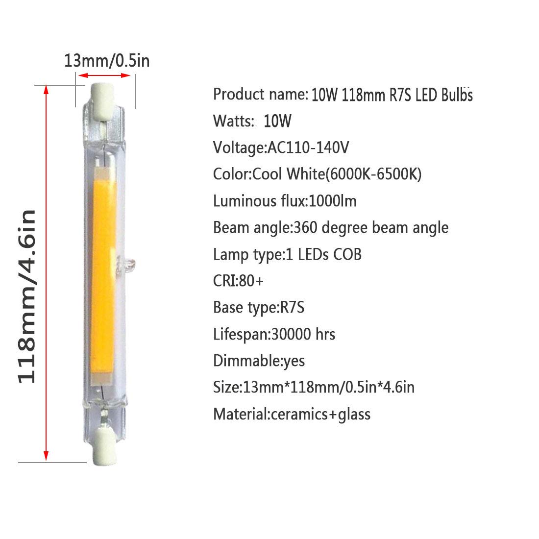 118mm 10W R7S LED Bulb (3 Pack) 100W Halogen Equivalent 118mm J-Type 10W 110-140V R7S Base Cool White 6000K J Type T3 118mm Double Ended Flood Light 360°Beam Angle Landscape Lights