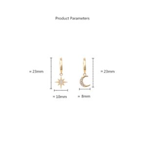 Crystal Moon Star Dangle Hoop Earrings for Women S925 Sterling Silver with Charms Asymmetrical CZ Diamond Drop Cartilage Cute Jewelry Delicate Fashion Birthday Best Friend Gold Plated