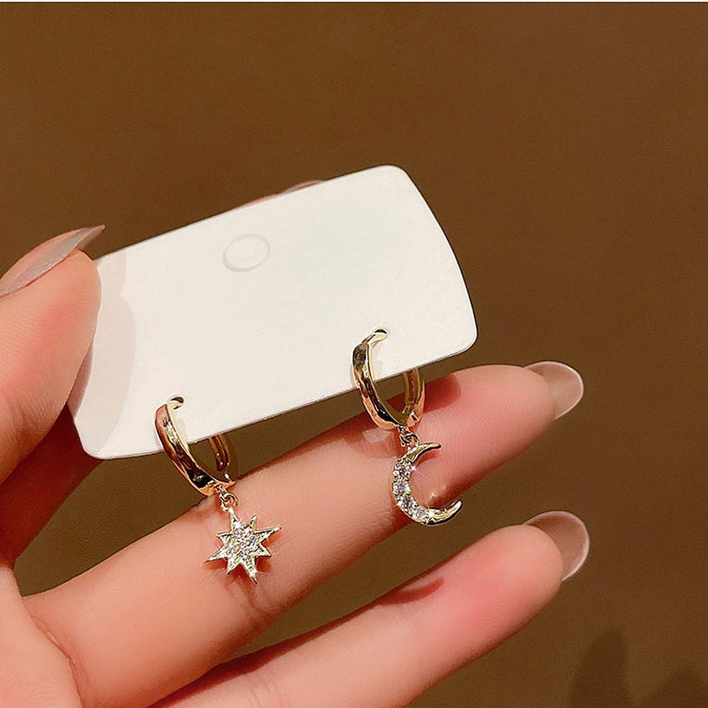 Crystal Moon Star Dangle Hoop Earrings for Women S925 Sterling Silver with Charms Asymmetrical CZ Diamond Drop Cartilage Cute Jewelry Delicate Fashion Birthday Best Friend Gold Plated