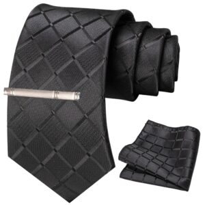 JEMYGINS Plaid Black Tie and Pocket Square Hankerchief Mens Silk Necktie with Tie Clip Sets(2)