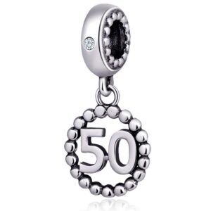 50 anniversary birthday number charms for pandora charm bracelet, 925 sterling silver 50th milestone beads inlay cz birthstone dangle pendant, gifts for mother/wife/family