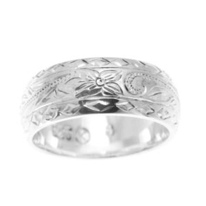 Arthur's Jewelry 925 sterling silver Hawaiian plumeria scroll smooth diamond cut edge 8mm thick heavy ring size 6