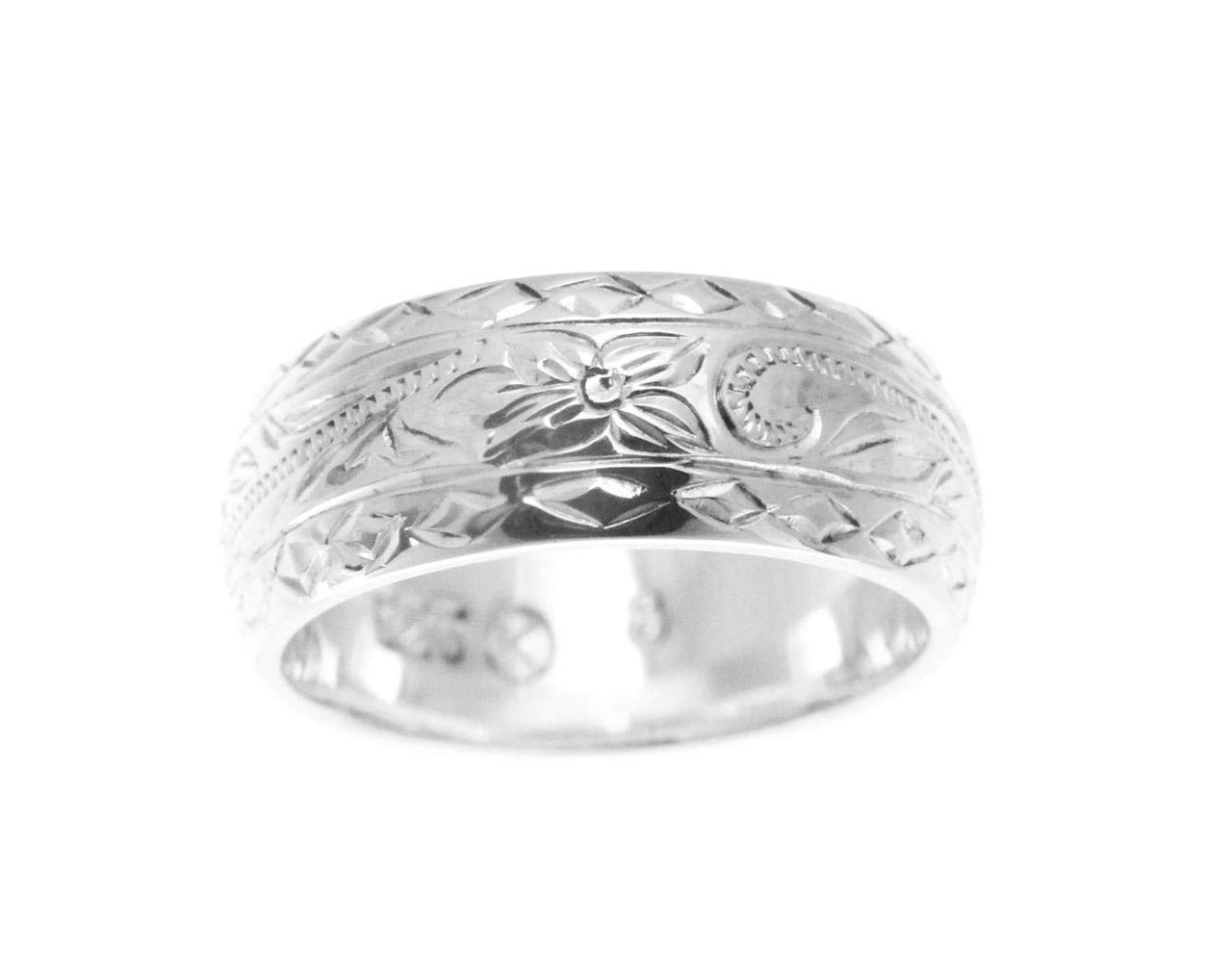 Arthur's Jewelry 925 sterling silver Hawaiian plumeria scroll smooth diamond cut edge 8mm thick heavy ring size 6