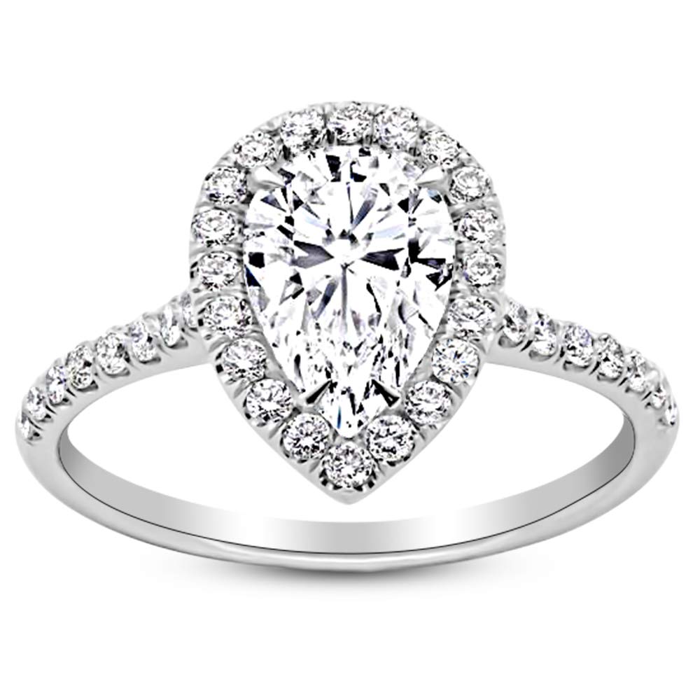 Houston Diamond District 1 Carat 14K White Gold Halo Pear Cut Diamond Engagement Ring, Size 9 (0.5 Ct D Color SI1 Clarity Center Stone)