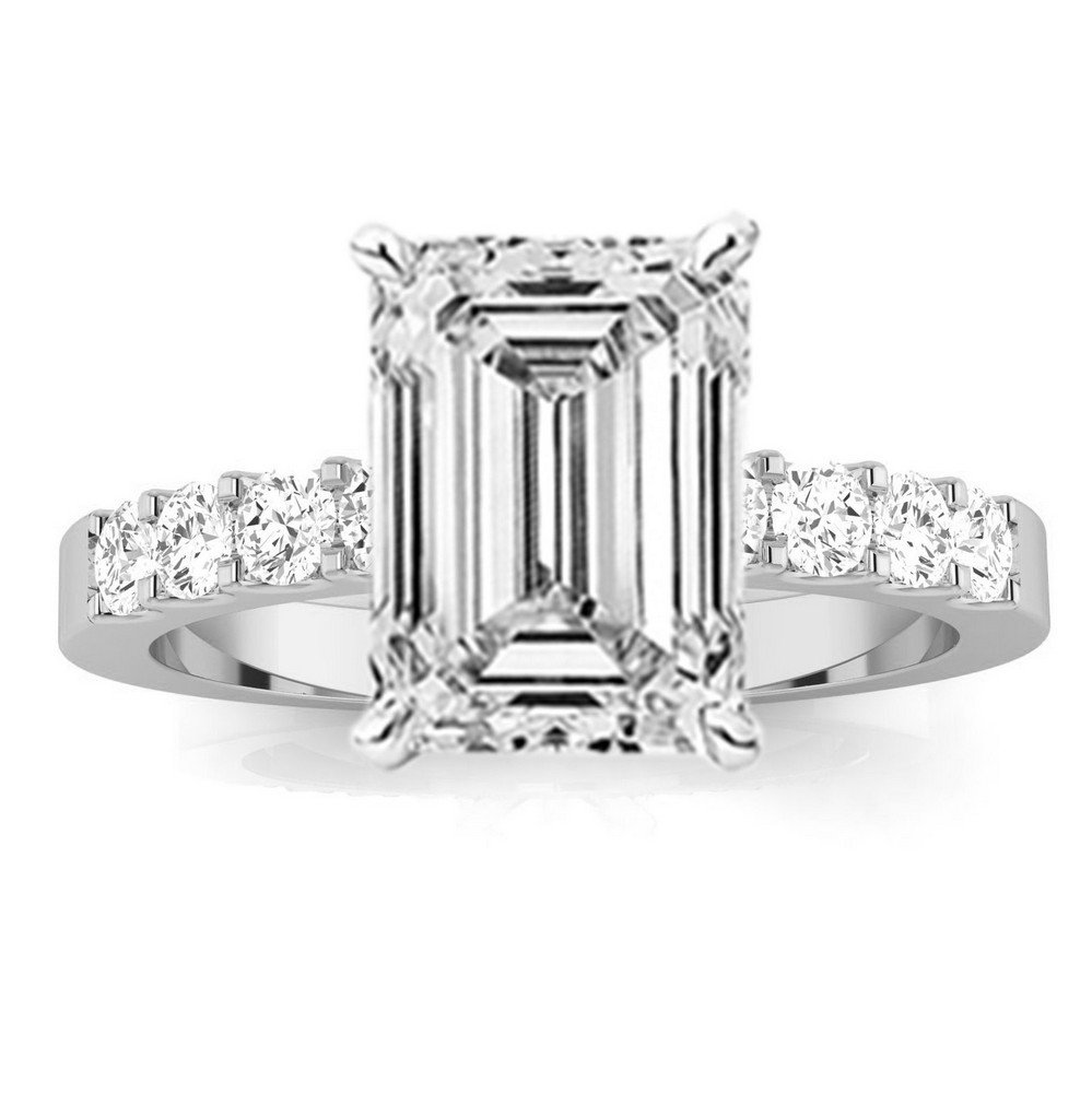 Houston Diamond District 1 Carat 14K White Gold Classic Prong Set Round Emerald Cut Diamond Engagement Ring (0.5 Ct I Color VS2 Clarity Center Stone)