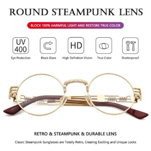 AIEYEZO Round Steampunk Sunglasses Circle Lennon Hippie Glasses Metal Frame 100% UV Blocking Lens (Gold/Transparent)