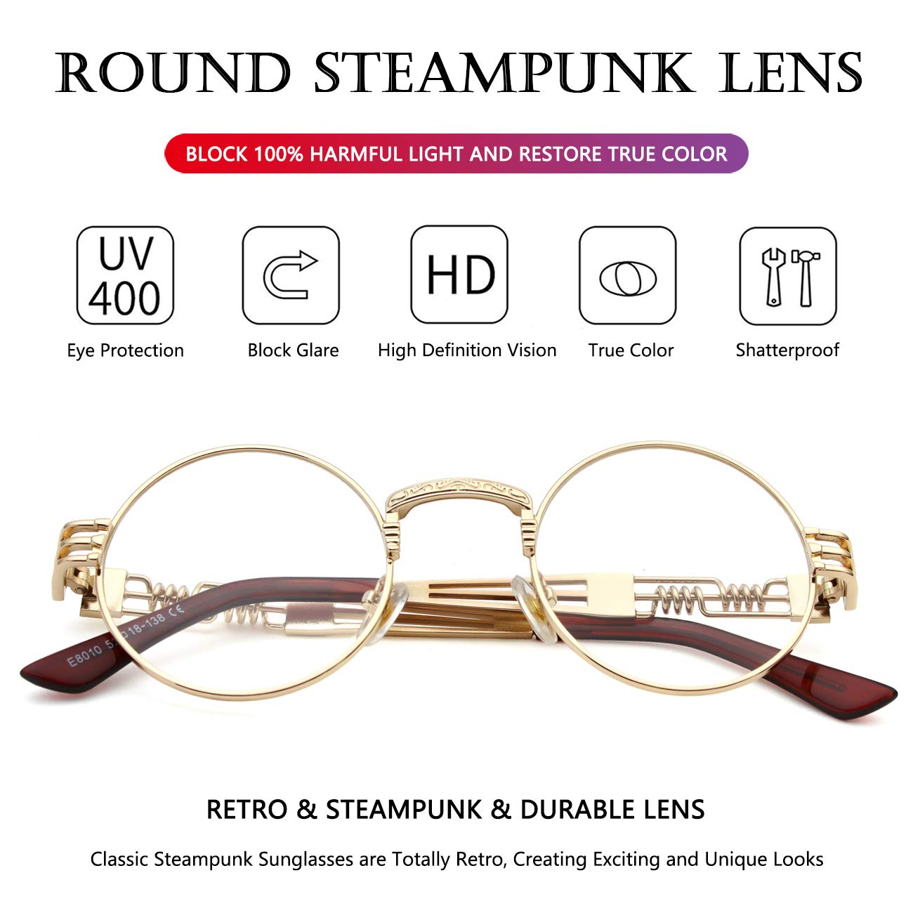 AIEYEZO Round Steampunk Sunglasses Circle Lennon Hippie Glasses Metal Frame 100% UV Blocking Lens (Gold/Transparent)