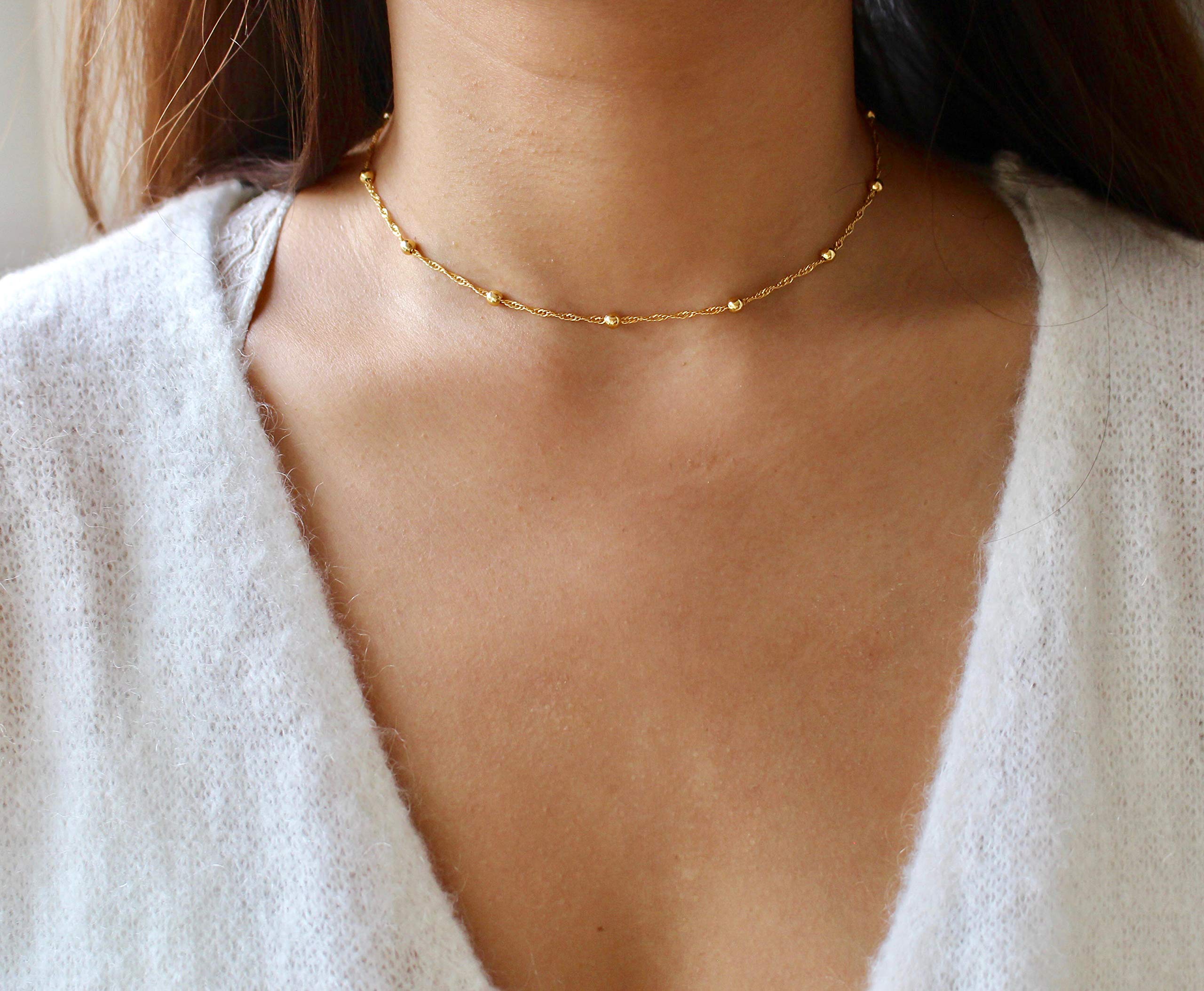 MEVECCO Gold Bead Chain Choker Necklace,14K Gold Plated Dainty Cute Tiny Bead Charm Wave Chain Minimalist Simple Choker Necklace for Women