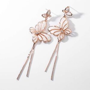 Rose Gold Butterfly Light Pink Enameled with Mother of Pearl Dangle Tassel Long Earrings Pierced