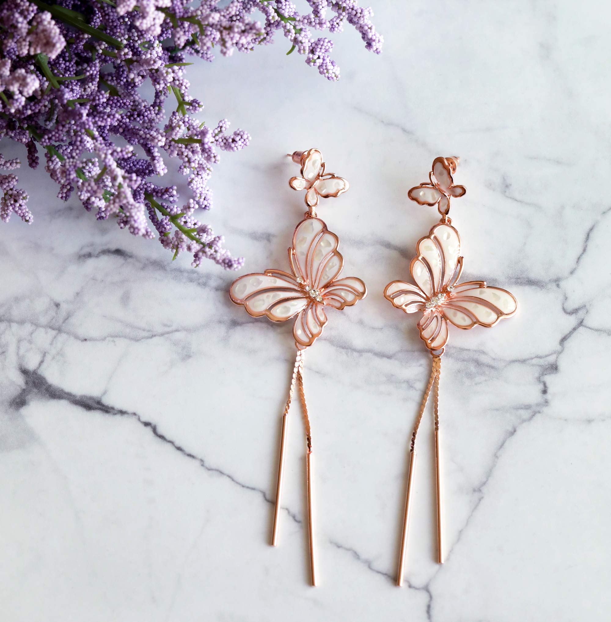 Rose Gold Butterfly Light Pink Enameled with Mother of Pearl Dangle Tassel Long Earrings Pierced