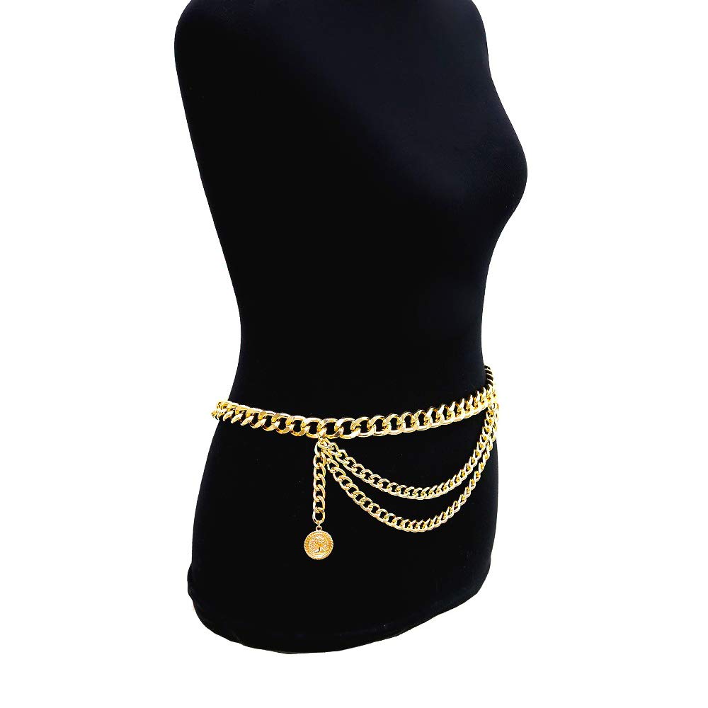 Jurxy Multilayer Alloy Waist Chain Body Chain for Women Waist Belt Pendant Belly Chain Adjustable Body Harness for Jeans Dresses – Gold Style 7 - S Size