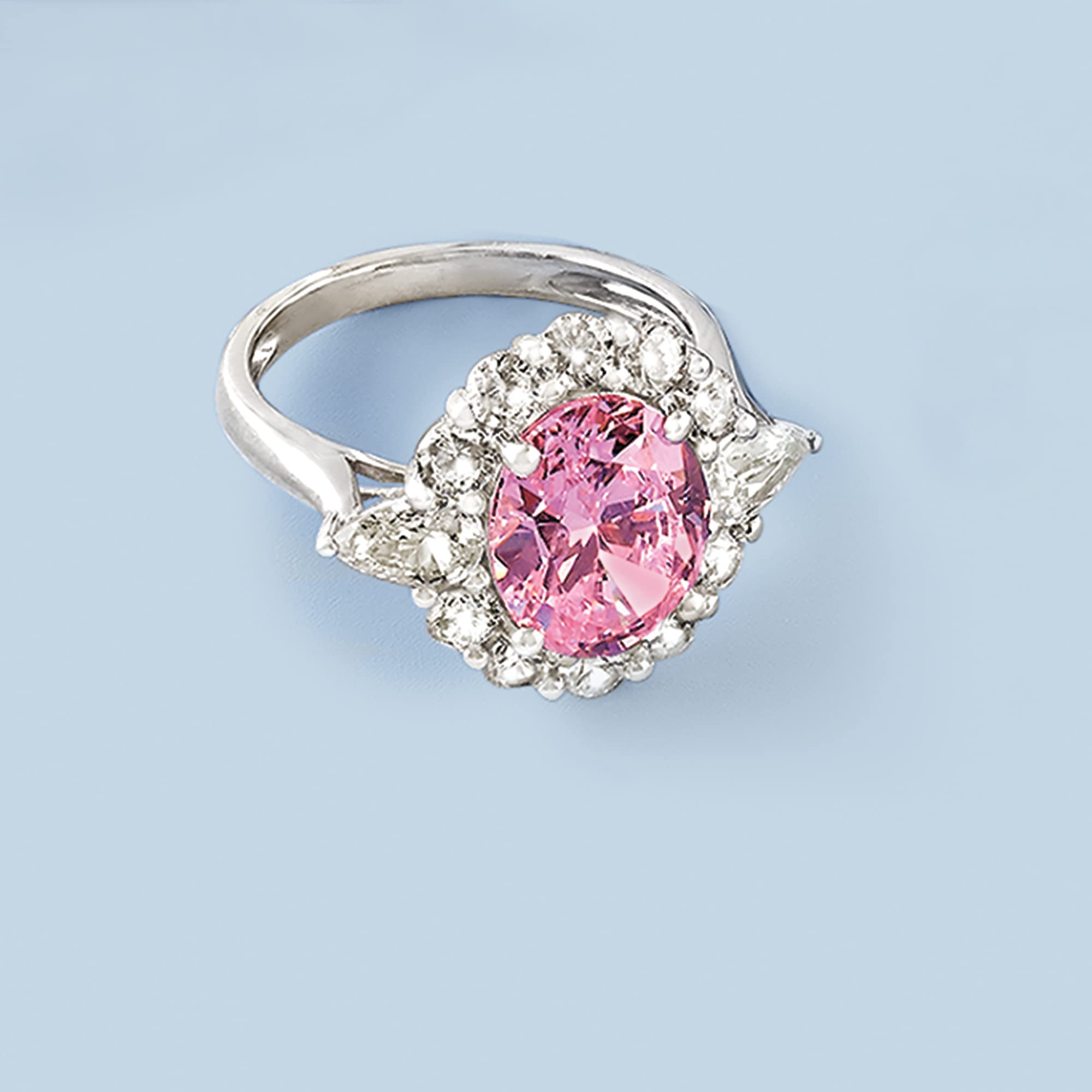 Ross-Simons 4.00 Carat Simulated Pink Sapphire and 2.00 ct. t.w. CZ Ring in Sterling Silver. Size 6