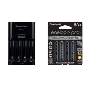 panasonic bq-cc17ksba eneloop advanced individual battery charger with 4 led charge indicator lights, black & bk-3hcca4ba eneloop pro aa high capacity ni-mh pre-charged rechargeable batteries, 4 pack