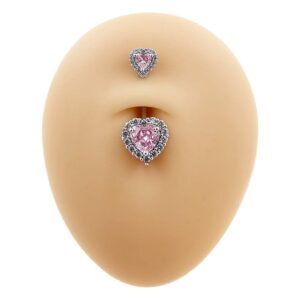 Excepro 1PC 14G(1.6mm) Double Heart Diamond Cubic Zirconia Navel Belly Button Ring 316L Surgical Steel Piercing Jewelry