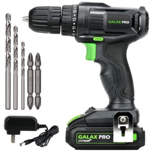 galax pro 20v cordless drill driver with work light, max torque 20n.m, 3/8 inch keyless chuck, 19+1 position, single speed 0-600rpm, 1.3ah battery and charger included